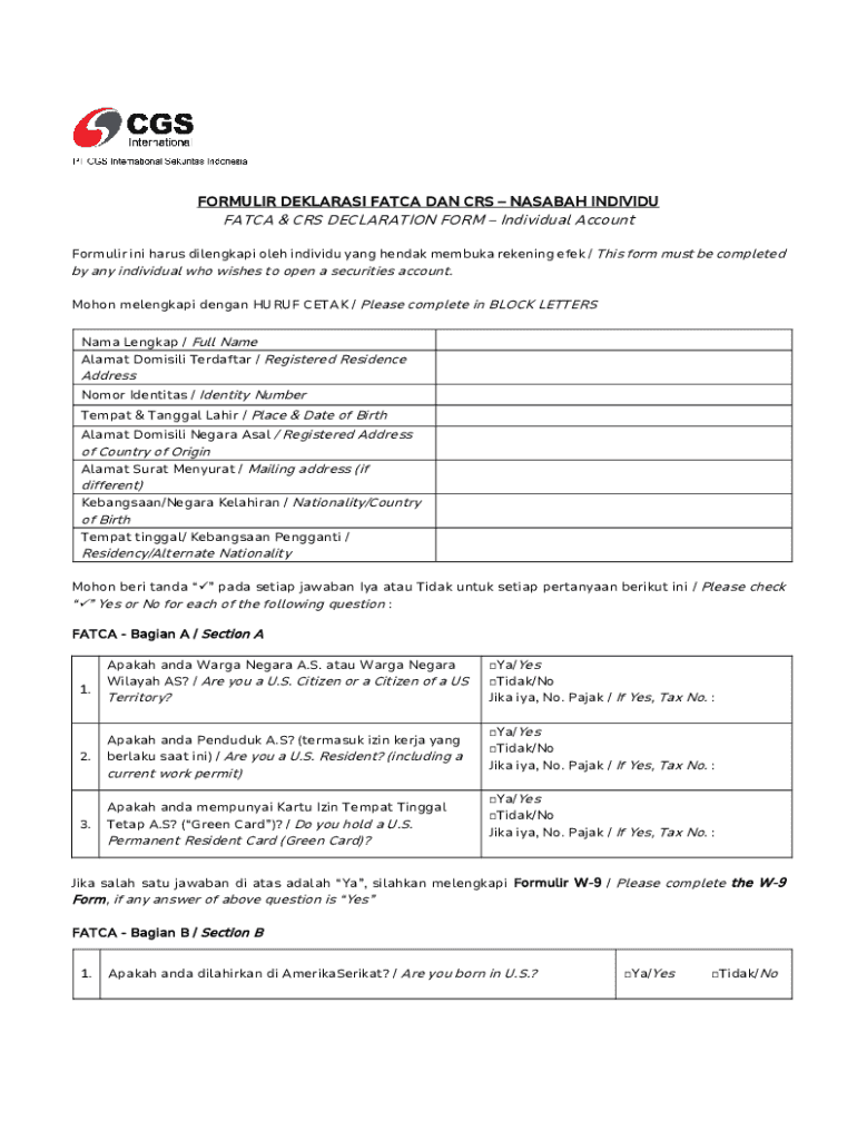 Fillable Online FATCA & CRS DECLARATION FORM Individual Account Fax Email Print - pdfFiller