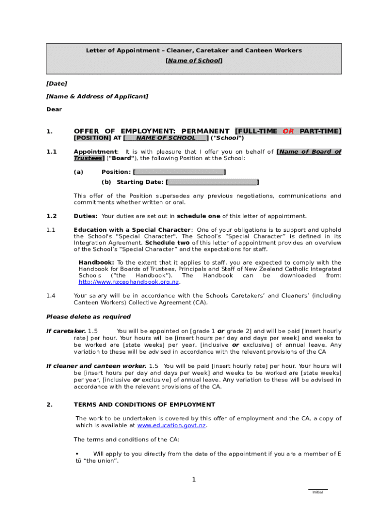 Letter of Appointment - Cleaner, Caretaker and Canteen Workers Doc ...