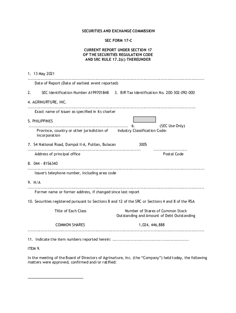 Fillable Online SEC FORM 17-C CURRENT REPORT UNDER ... - AgriNurture ...