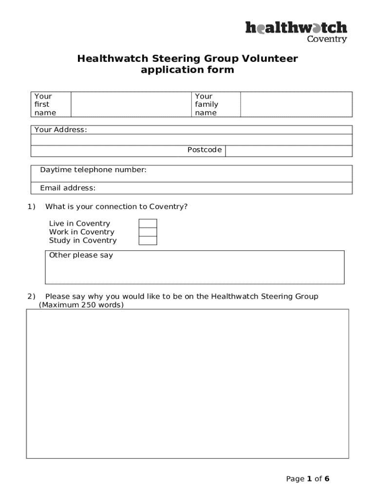 Healthwatch Steering Group Volunteer application Doc Template | pdfFiller