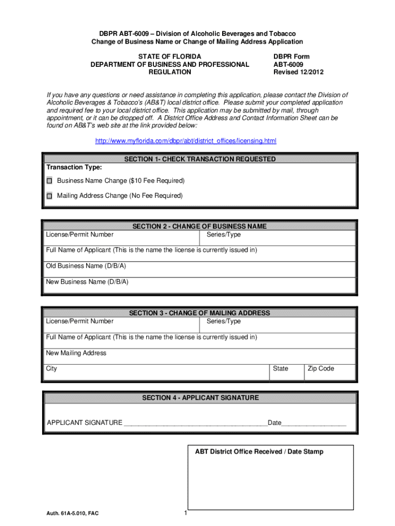 Fillable Online DBPR ABT- 6009 Fax Email Print - pdfFiller