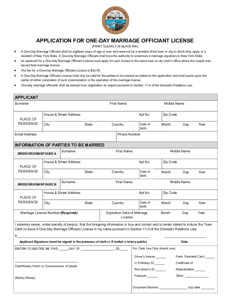 Fillable Online Application for One Day NYS Marriage Officiant License ... Fax Email Print ...