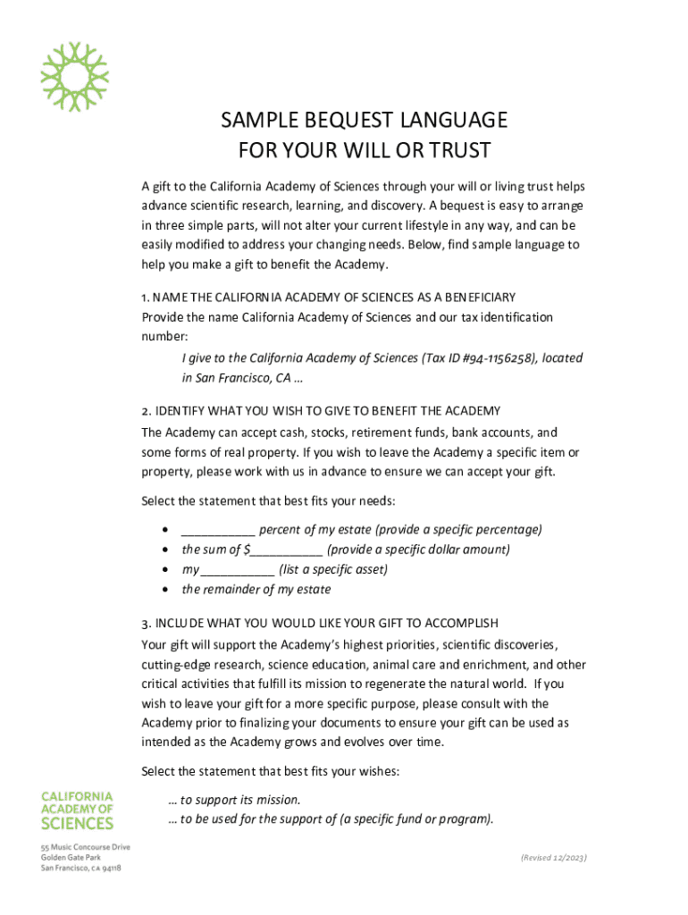 Fillable Online SAMPLE BEQUEST LANGUAGE FOR YOUR WILL OR ... Fax Email ...