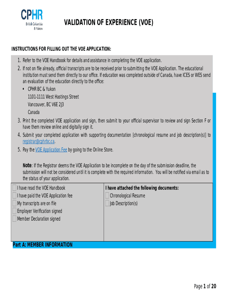 validation of experience (voe) - CPHR BC & Yukon Doc Template | pdfFiller