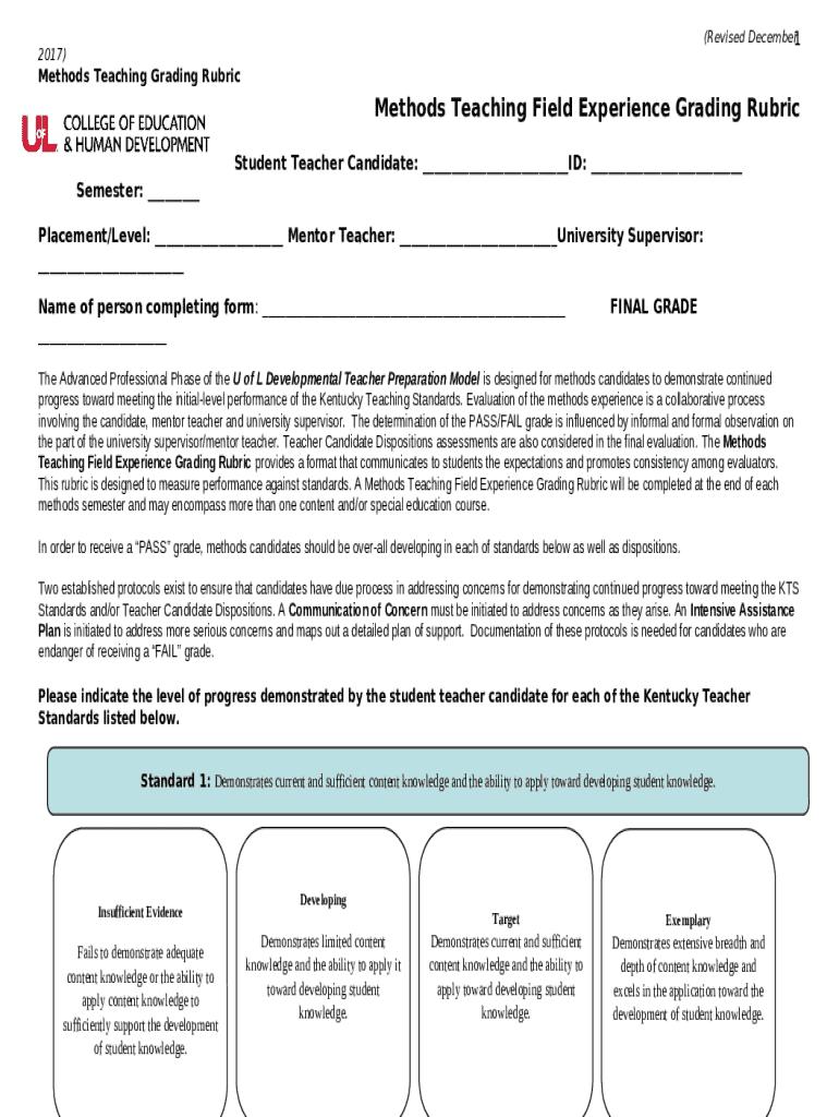 Methods Teaching Field Experience Grading Rubric Doc Template | pdfFiller