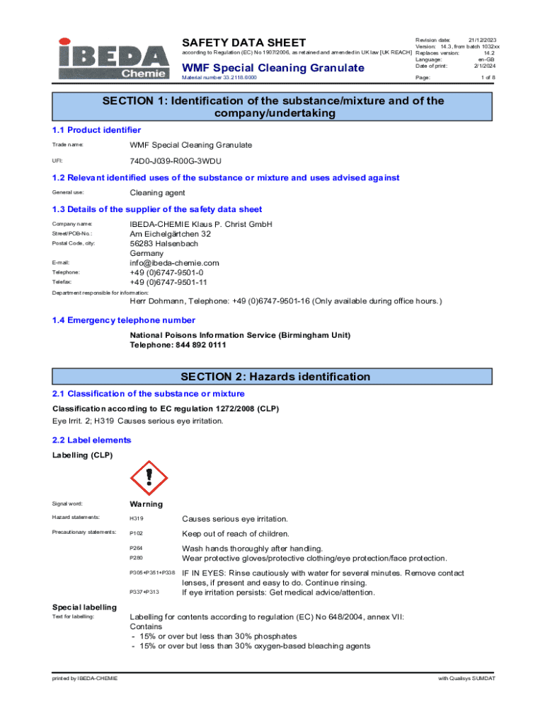 Fillable Online SAFETY DATA SHEET WMF Special Cleaning Granulate ... Fax Email Print - pdfFiller