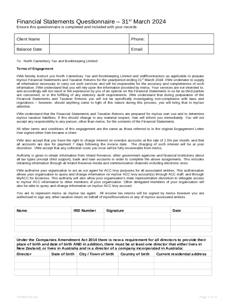 Financial Statements Questionnaire - 31st March 2024 Doc Template | pdfFiller