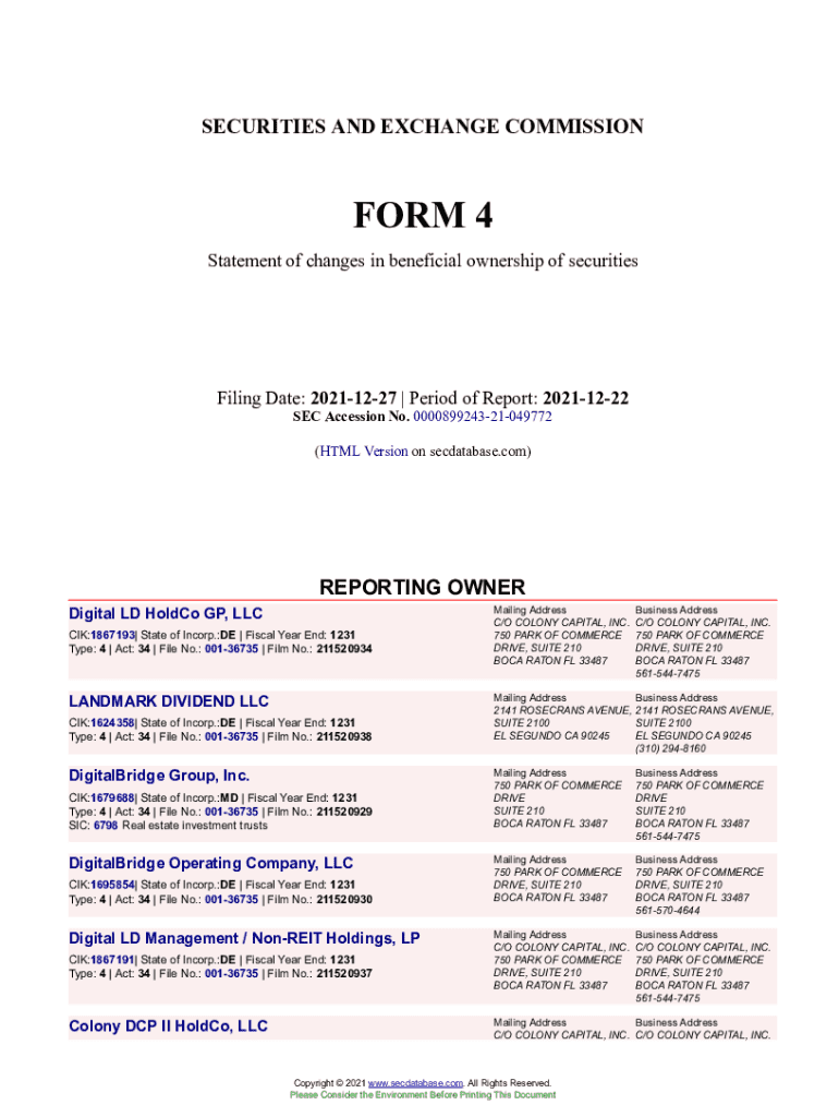 Fillable Online Digital LD HoldCo GP, LLC Form 4 Filed 2021-12-27 ...
