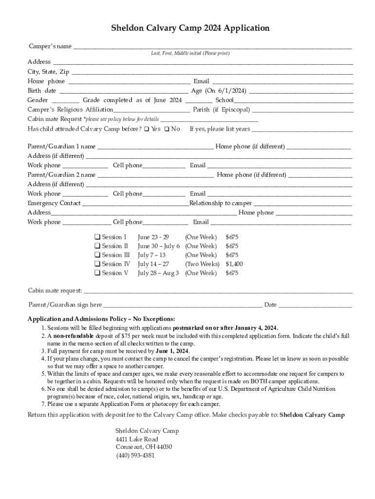 Fillable Online Sheldon Calvary Camp - Day CampFind a Camp Fax Email Print - pdfFiller