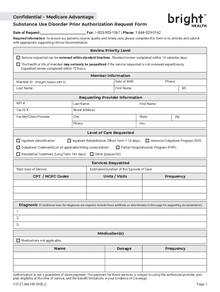 Fillable Online Substance Use Disorder Prior Authorization Request Form ...