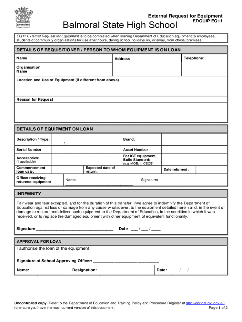 Fillable Online EQ11 External Request for Equipment is to be completed ...