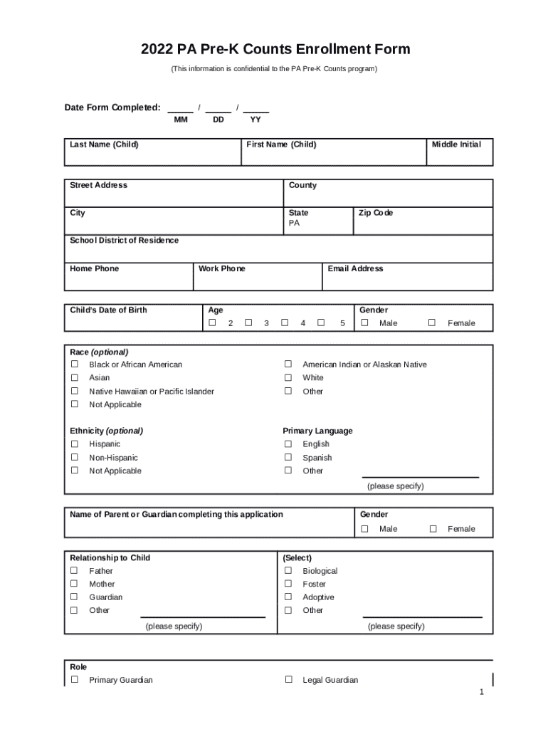 2022-2023 PA Pre-K Counts Enrollment Application Doc Template | pdfFiller