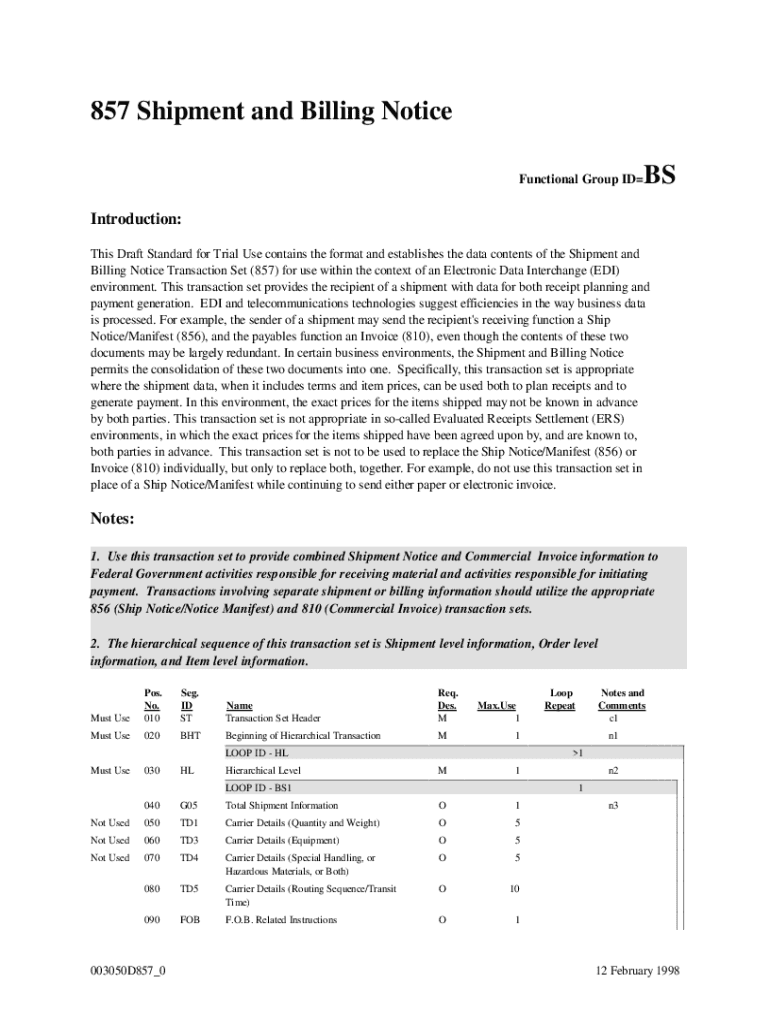 Fillable Online EDI 857Shipment and Billing Notice Fax Email Print ...