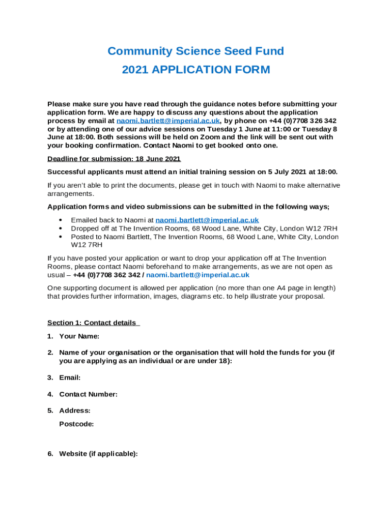 Community Science Seed Fund 2021 APPLICATION Doc Template | pdfFiller
