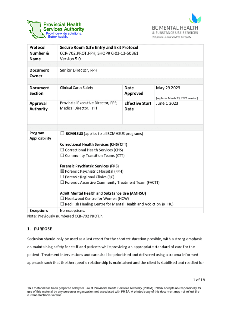Fillable Online Protocol Number & Name Secure Room Safe Entry and Exit ...