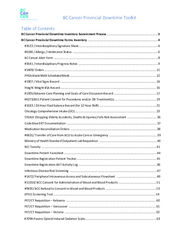 Fillable Online BC Cancer Provincial Downtime Toolkit Table of Contents Fax Email Print - pdfFiller