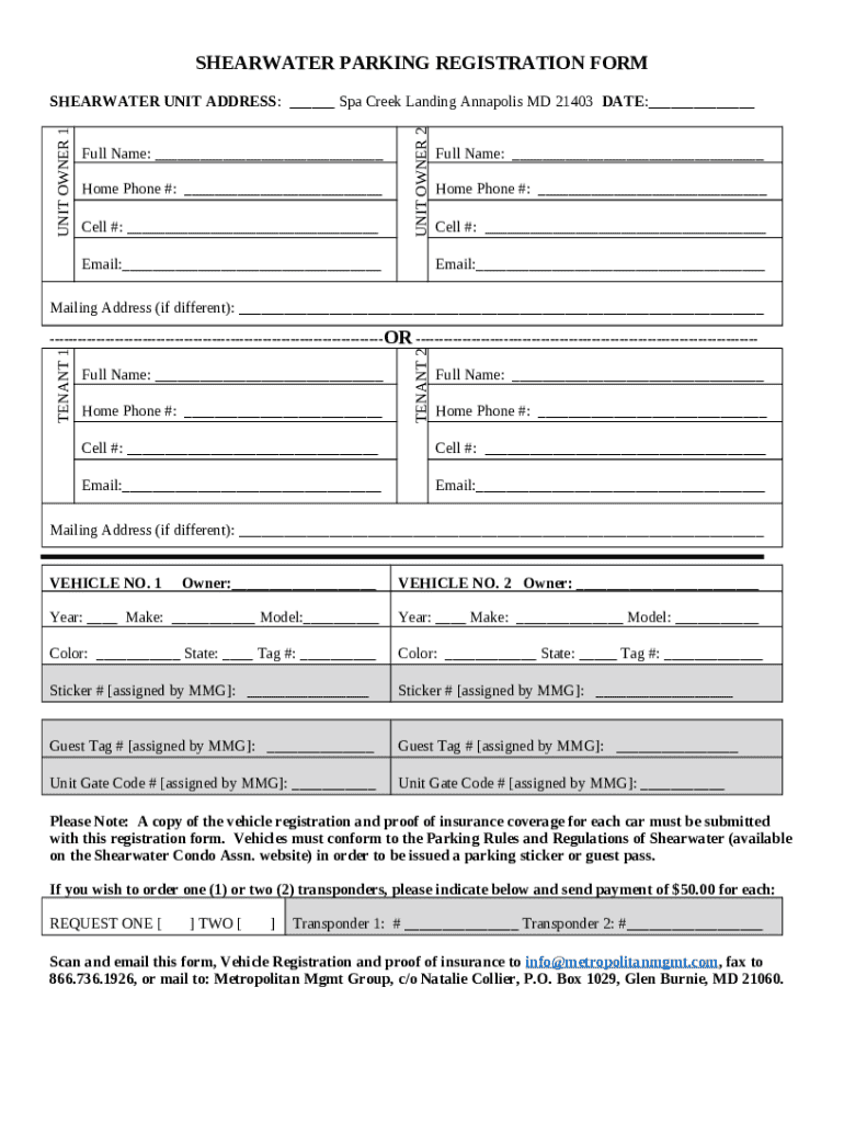 SHEARWATER PARKING REGISTRATION Doc Template | pdfFiller