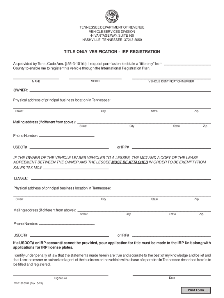 Fillable Online Title Only Verification - IRP Registration. Title Only Verification - IRP ...