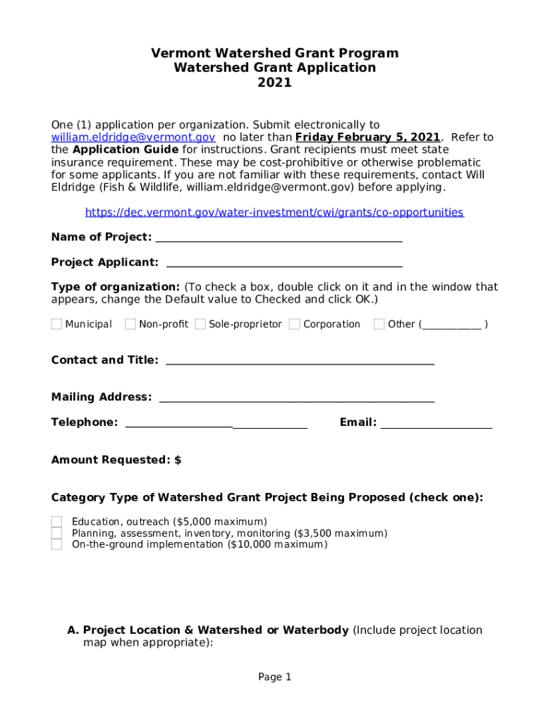 Vermont Watershed Grants Application Guide Doc Template | pdfFiller