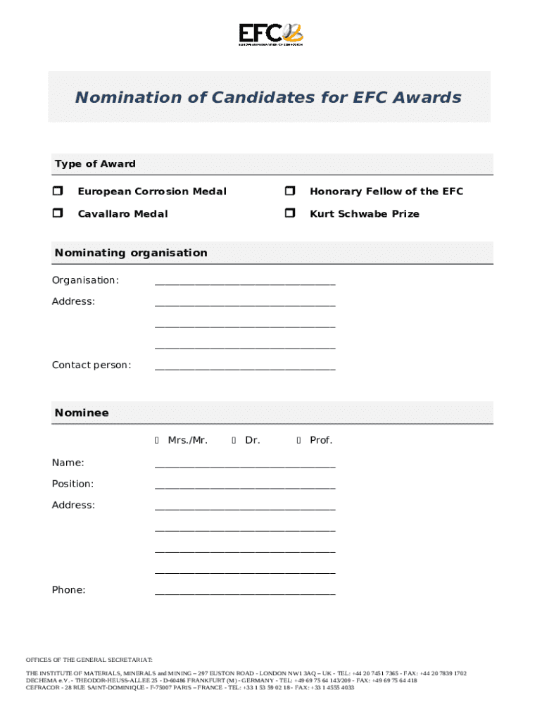 EFC Awards Nomination Doc Template | pdfFiller