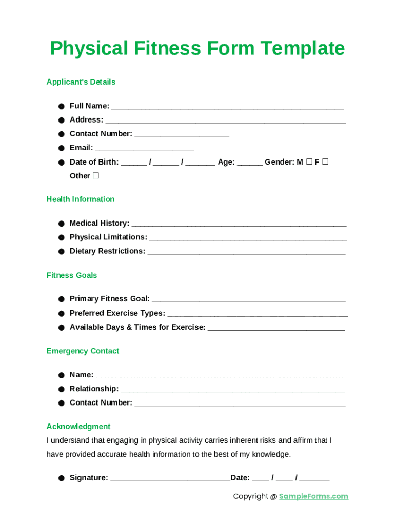 Physical Fitness Template Doc Template | pdfFiller