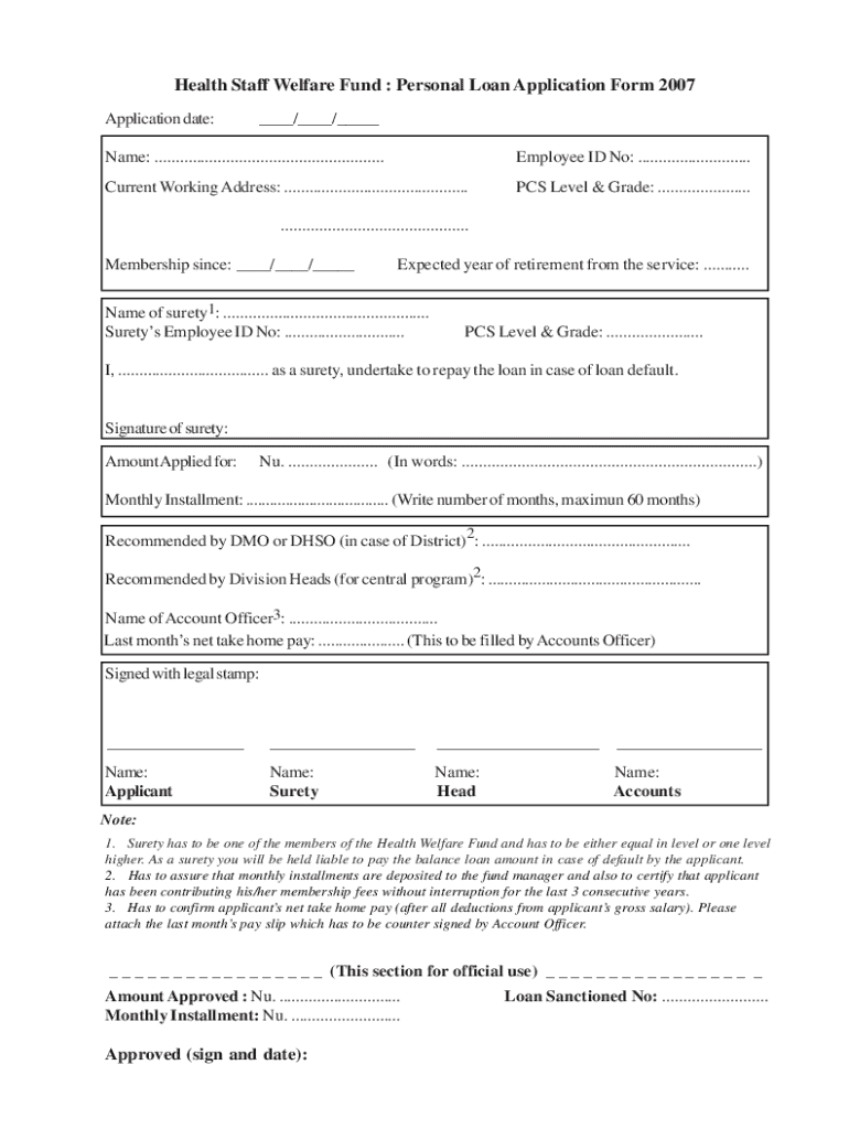 Fillable Online Personal Loan Apllication Form. Health Staff Welfare ...