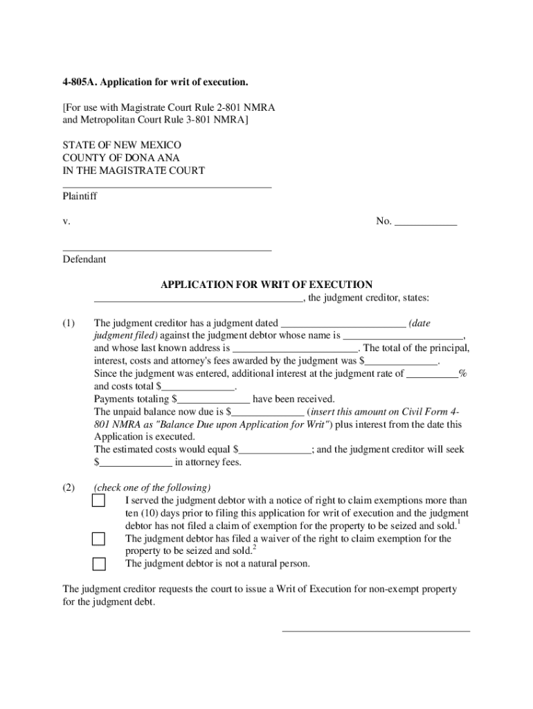 Fillable Online 4-805A. Application for Writ of Execution. Fax Email ...