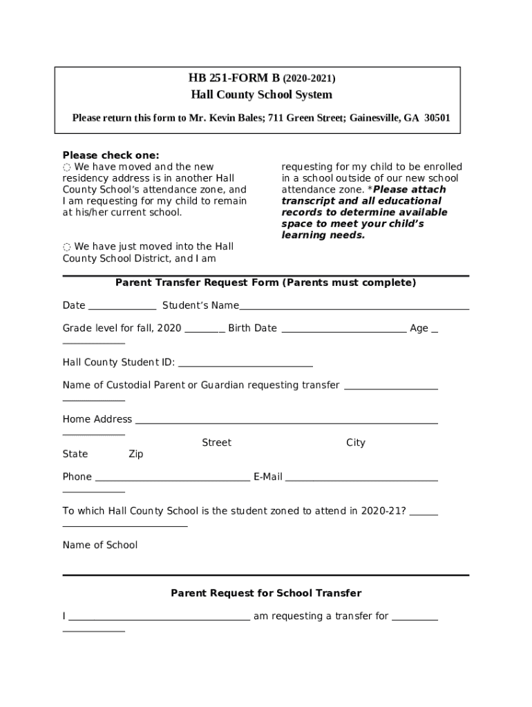 HB 251 Transfer Request for K-12 Enrollment Doc Template | pdfFiller