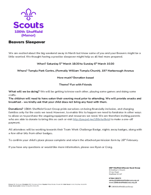 Fillable Online Beavers Sleepover And A Collection Of New Badges Fax ...