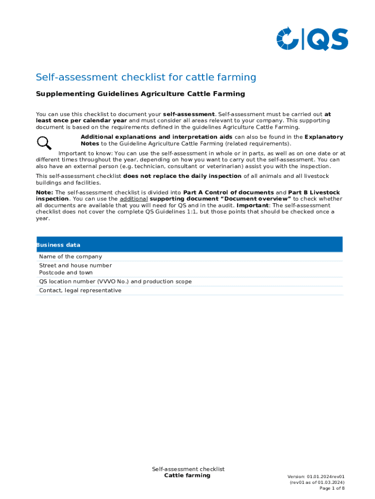 Self-assessment checklist for cattle farming. Cattle farming Doc ...