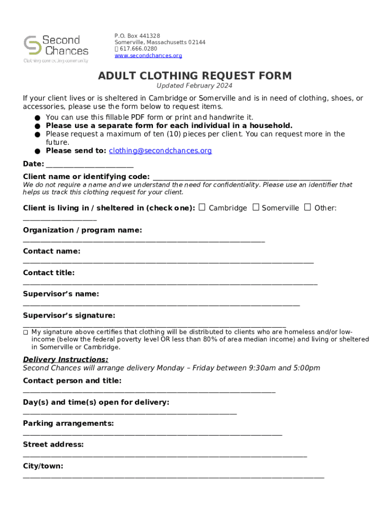 ADULT CLOTHING REQUEST - Second Chances Doc Template | pdfFiller