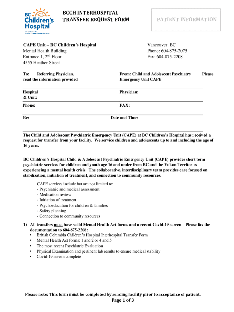 Fillable Online british columbia childrens hospital i interhospital ...