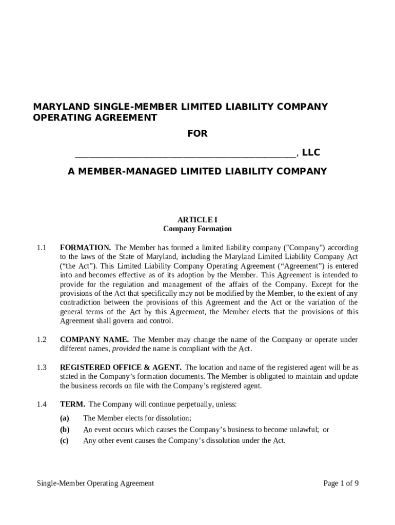 MARYLAND SINGLE-MEMBER LIMITED LIABILITY COMPANY OPERATING AGREEMENT ...