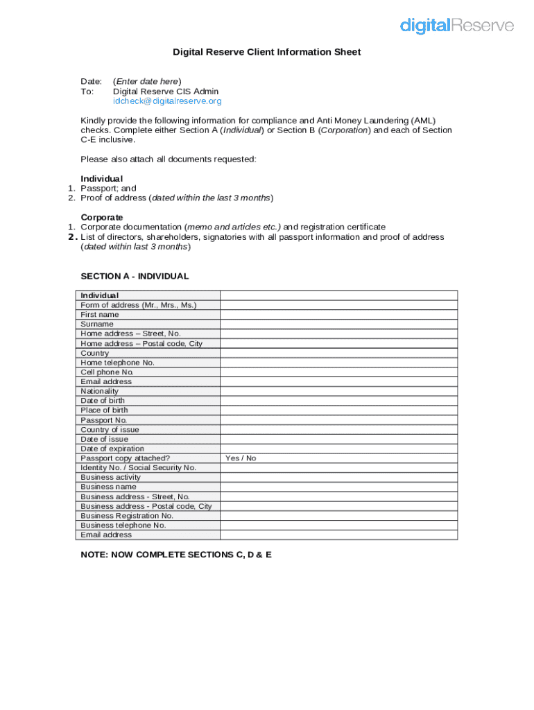 Digital Reserve Client Ination Sheet. Client Ination Sheet Doc Template | pdfFiller