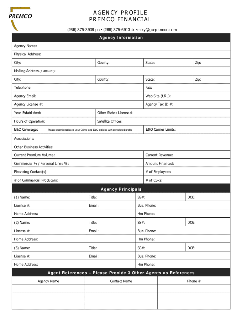 Fillable Online PREMCO Agency Profile New Agts 2.doc Fax Email Print ...