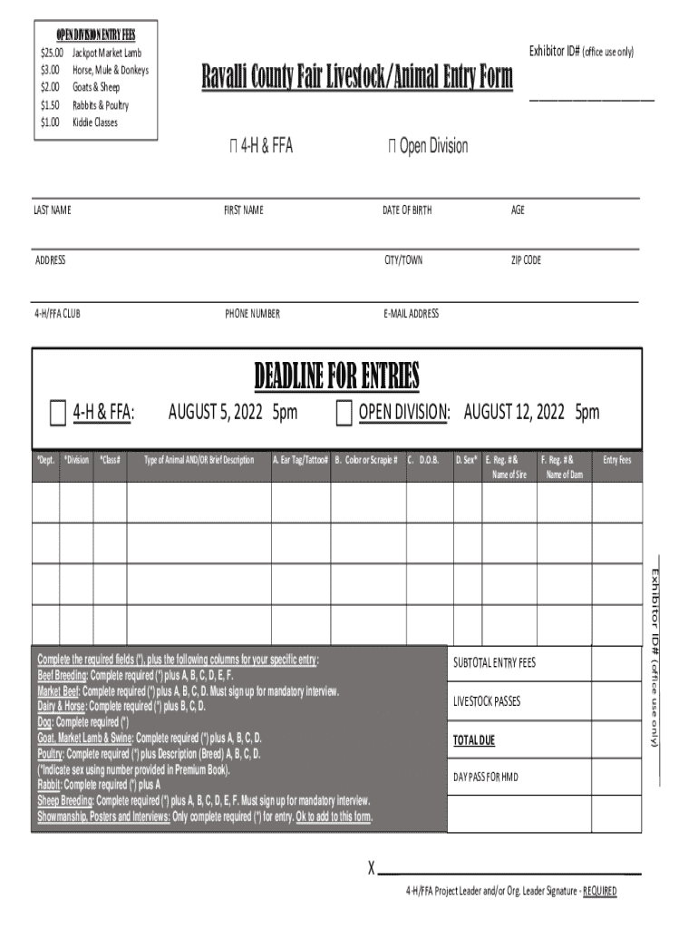 Fillable Online Ravalli County Fair Livestock/Animal Entry Form Fax ...