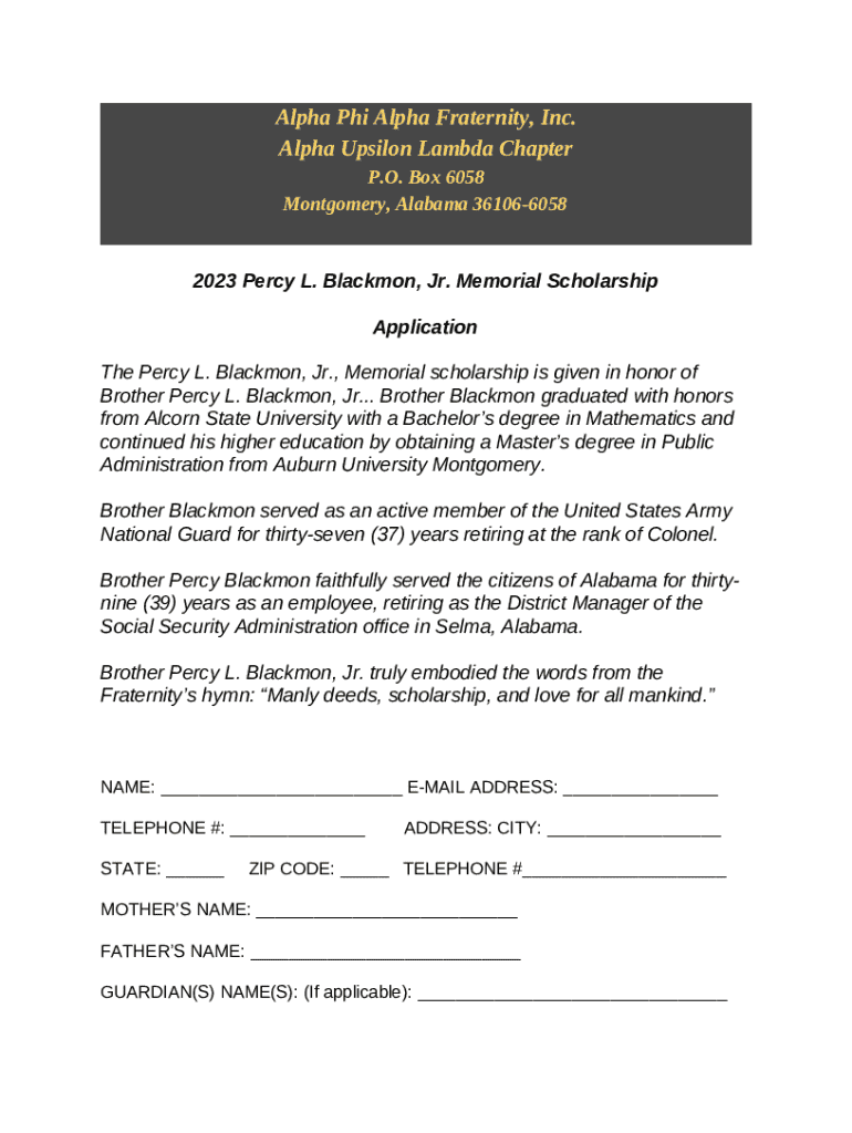 AUL 2023 Percy L. Blackmon Jr. Scholarship Application 2023 ... Doc Template | pdfFiller