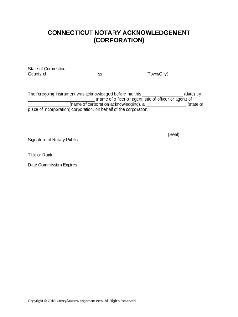 Connecticut Short Notary Acknowledgement - Corporation Doc Template ...