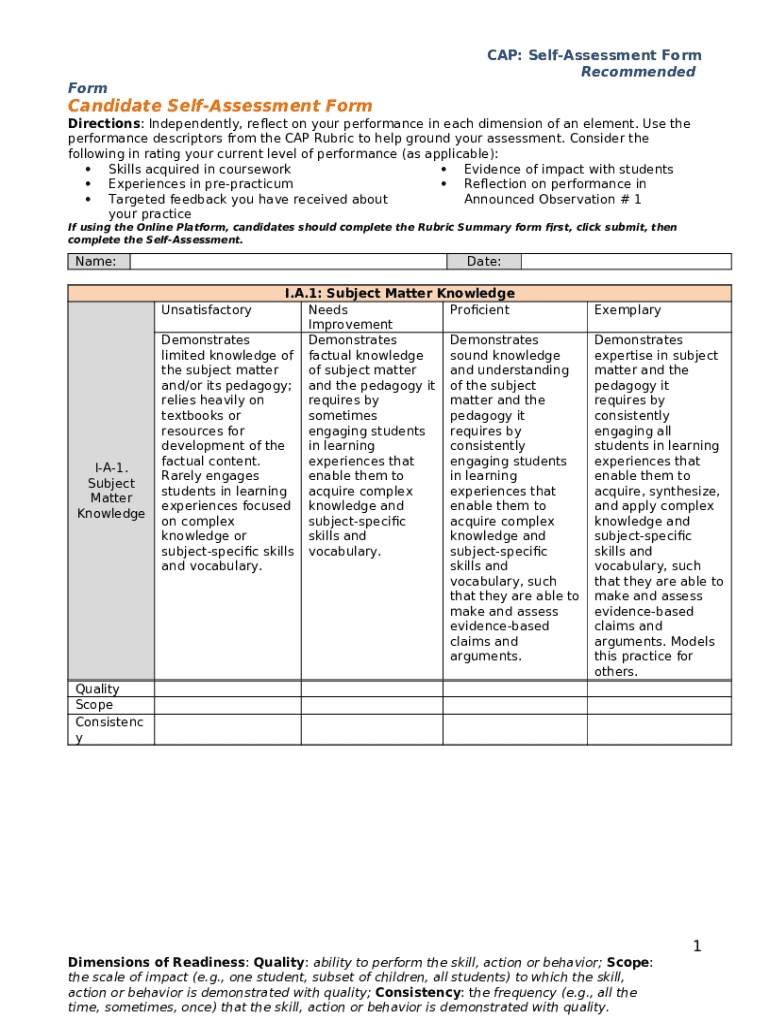 Candidate Self-Assessment : Nam E: Dat e - Scribd Doc Template | pdfFiller