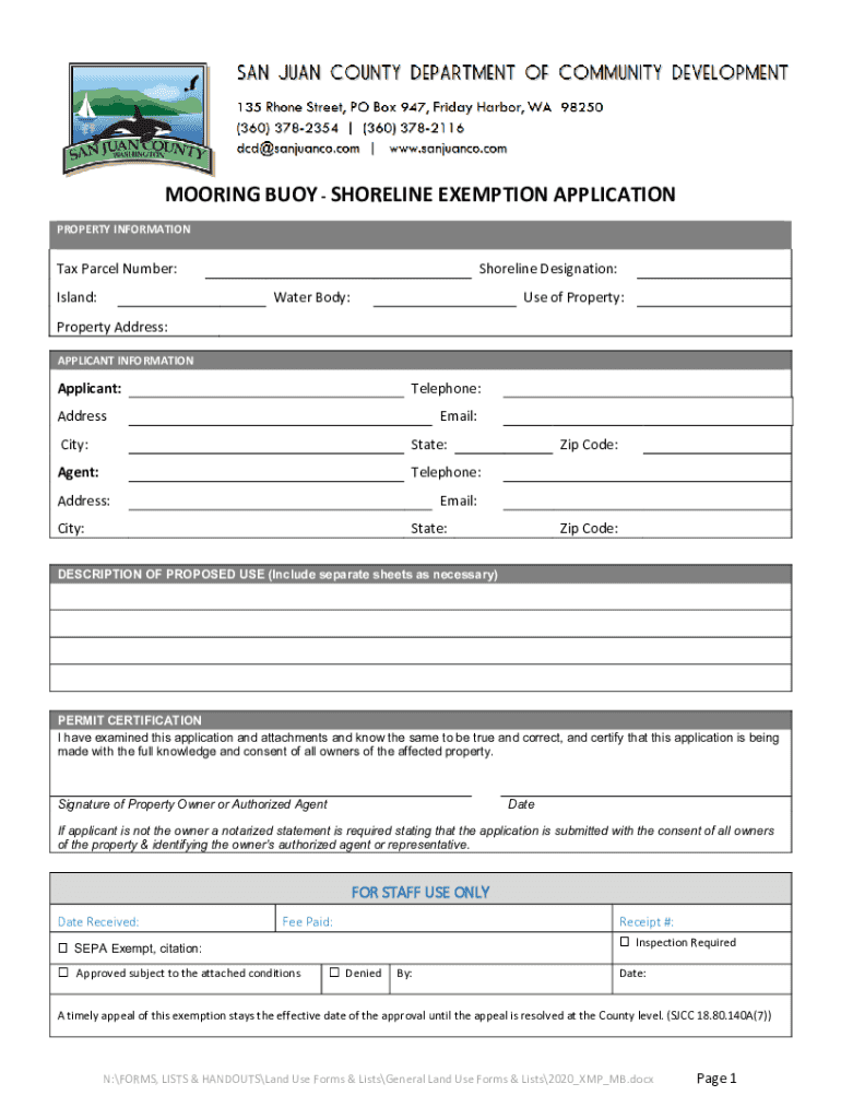 Fillable Online MOORING BUOY- SHORELINE EXEMPTION APPLICATION San ...