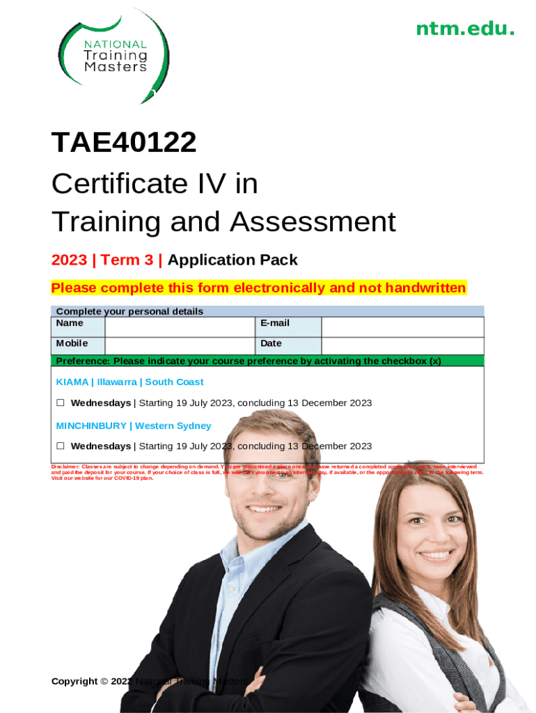 TAE40122 - Certificate IV in Training & Assessment Doc Template | pdfFiller