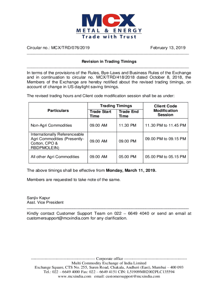 Fillable Online Members of the Exchange are hereby notified about the revised trading timings ...