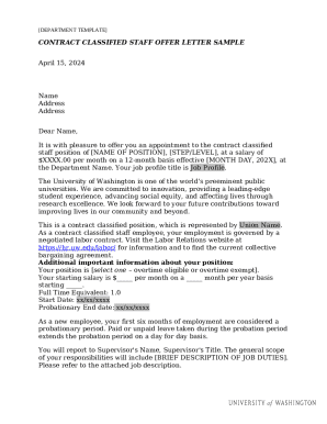 CONTRACT CLASSIFIED STAFF OFFER LETTER SAMPLE Doc Template | pdfFiller