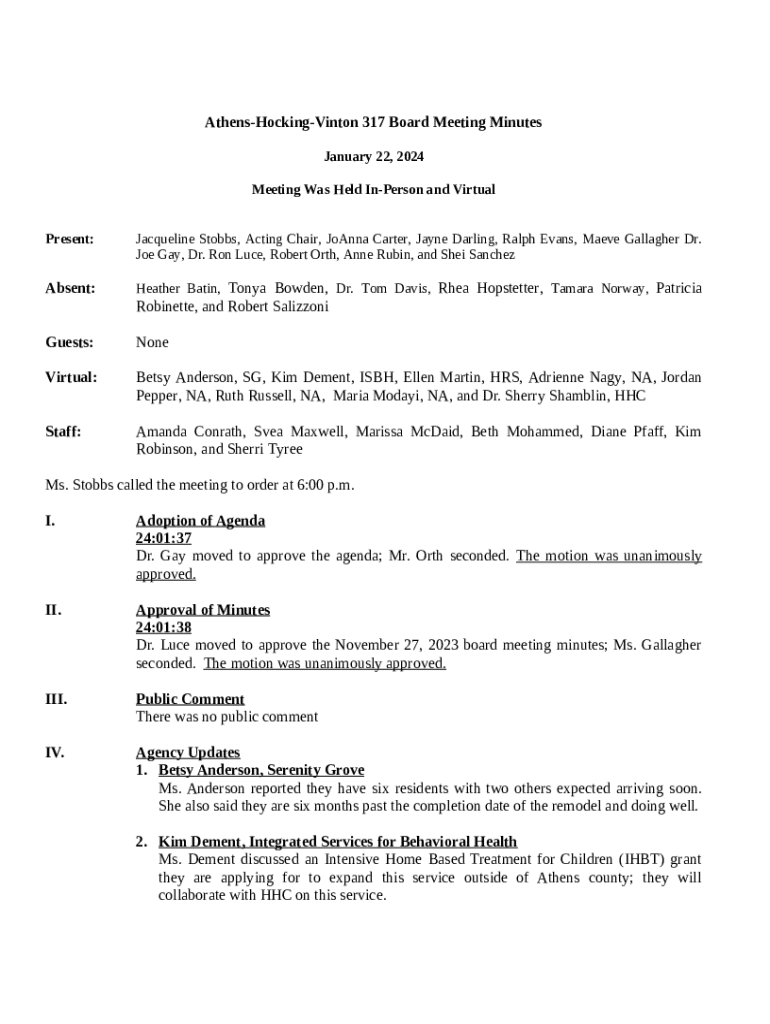 Present:Jacqueline Stobbs, Acting Chair, JoAnna Carter, Jayne Darling ...