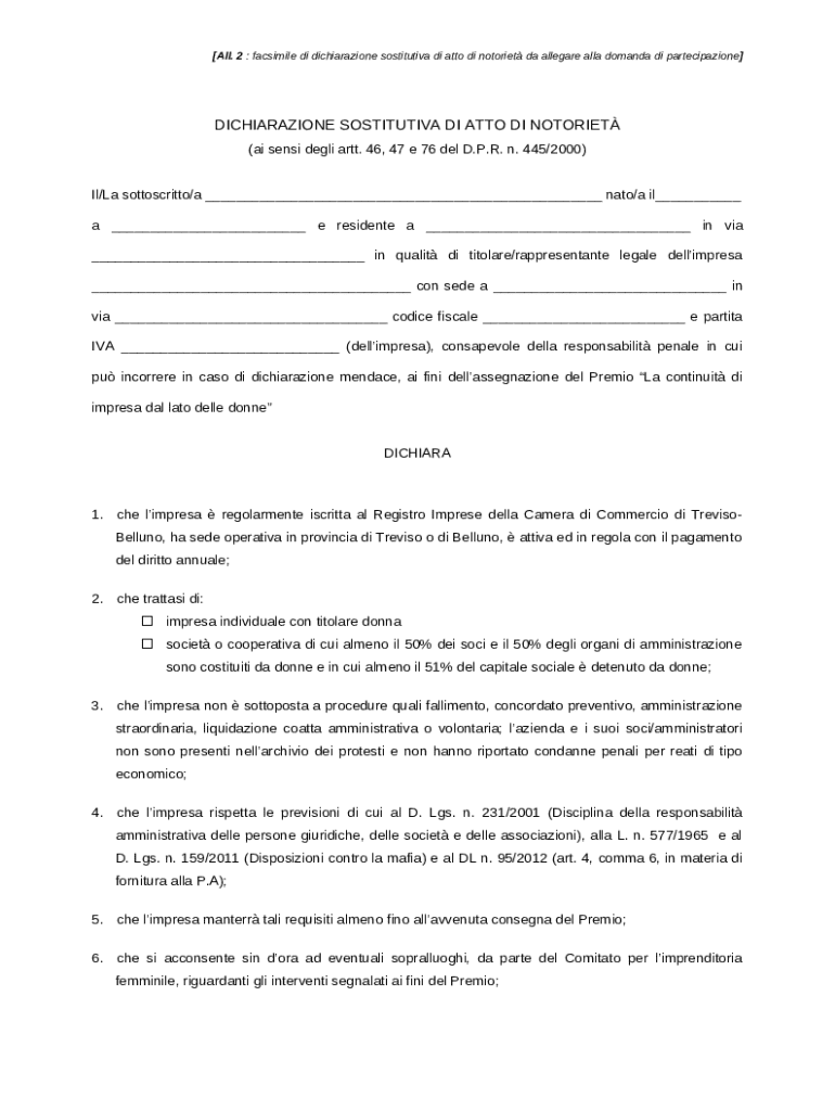 dichiarazione sostitutiva di certificazione o dell'atto di notorieta' Doc Template | pdfFiller