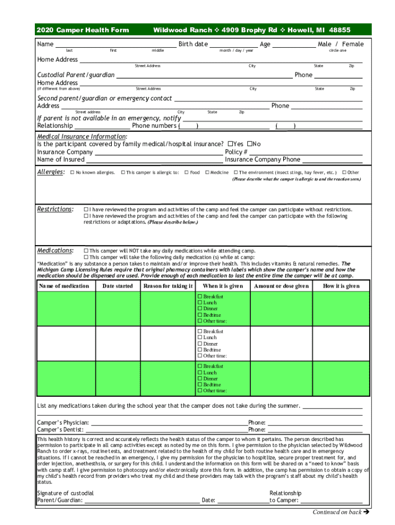 Fillable Online 2020 Camper Health Form Wildwood Ranch Fax Email Print ...