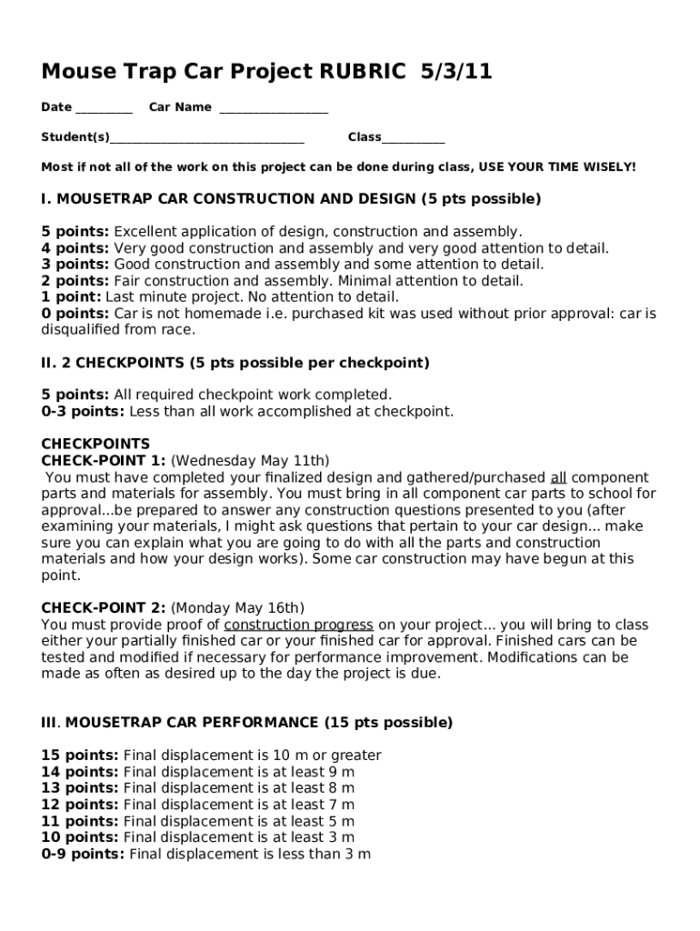 Mouse Trap Car Project RUBRIC5/3/11 Doc Template | pdfFiller