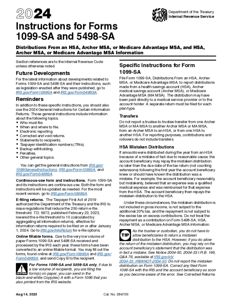 2024-2026 IRS Instructions for Forms 1099-SA and 5498-SA Fill Online, Printable, Fillable, Blank ...