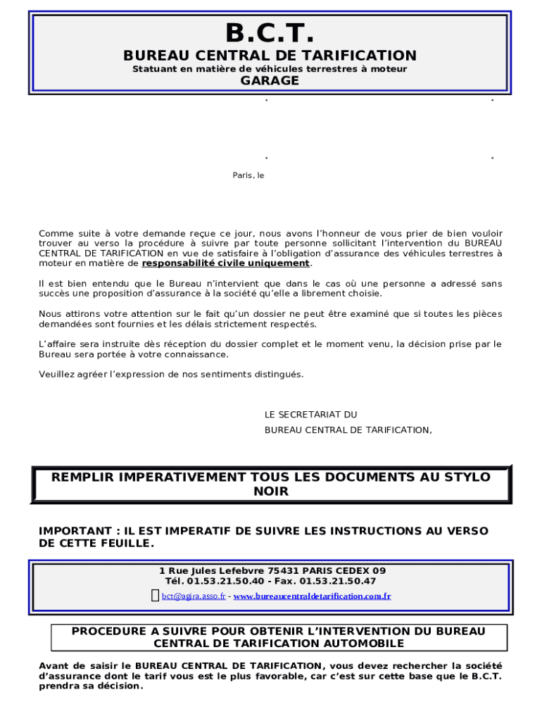 Qu'est-ce que le Bureau Central de Tarification (BCT ... Doc Template | pdfFiller