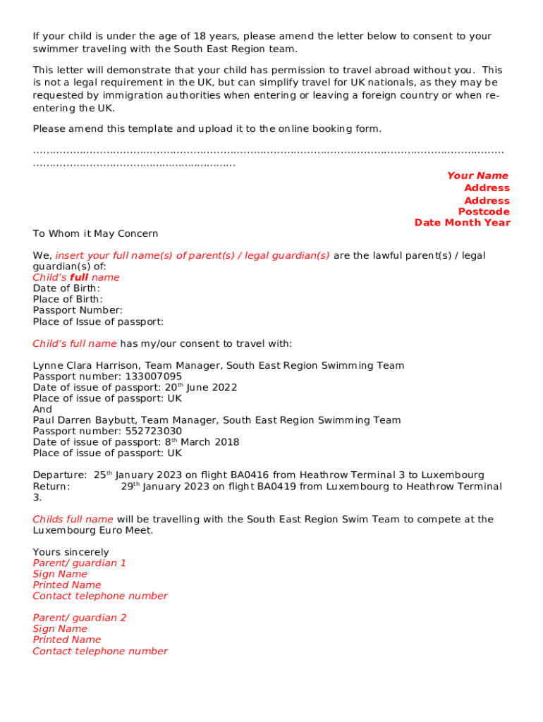 Swim Ontario Recommended Consent Letter for Children ... Doc Template ...